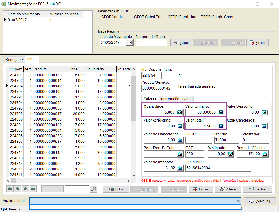 F133 - Demais Assuntos - (953) Soma do valor bruto dos itens difere do ...