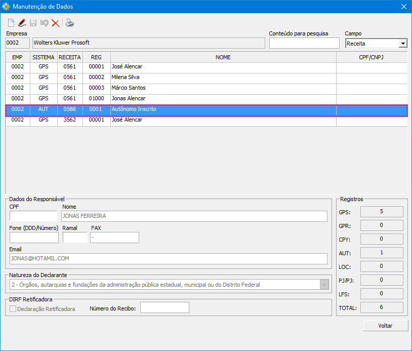FP971- Dirf - Empresa CEI/CPF com autônomos, código de receita 0588 ...