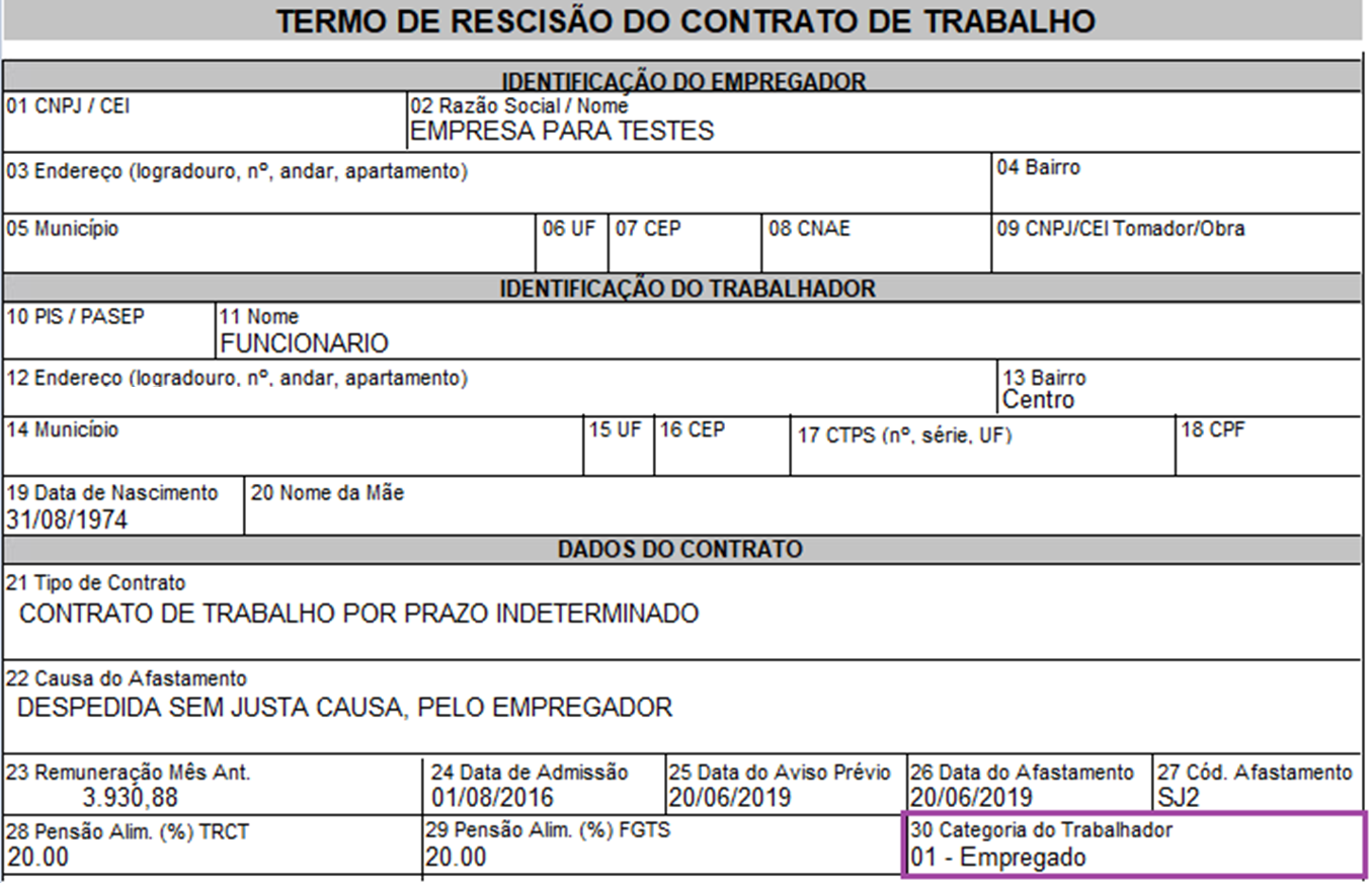 FP1204 - Quitação - TRCT Campos 30 Categoria do Trabalhador - Base de ...
