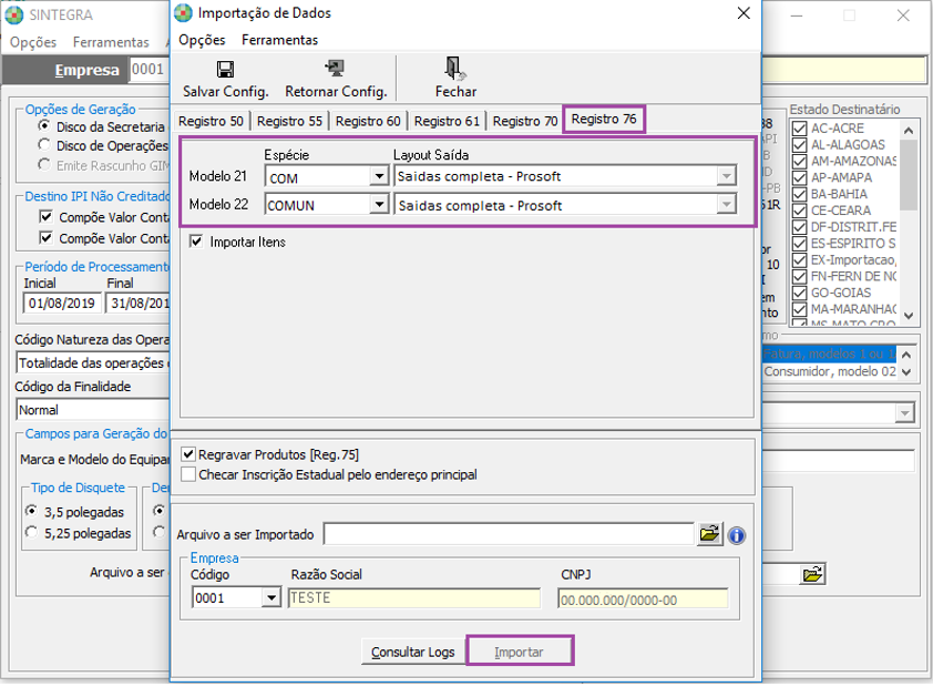 F1096 - Importação arquivo Sintegra modelo 21 e 22 - Base de ...