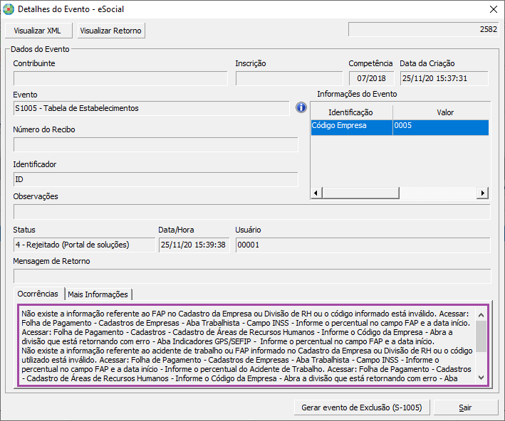 FP2057 - eSocial - S-1005 status 4 Código FAP invalido ou não existe a ...