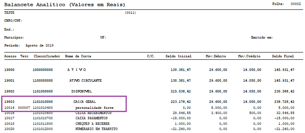 C1020-Conta sem referência à Terceiros apresentada no Balancete com ...