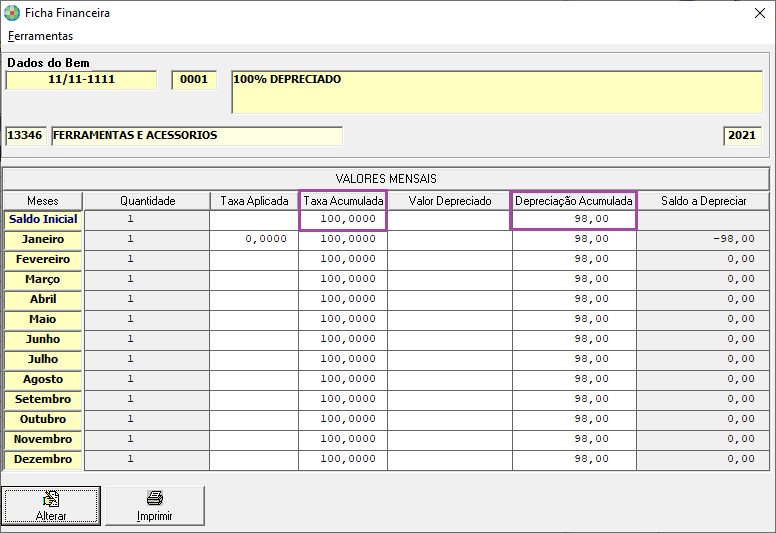 C1366-Ativo fixo- Cadastro de um bem com percentual 100% já depreciado ...