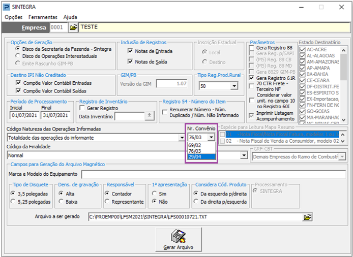 F1385 - Demais Assuntos - Sintegra-Registro tipo 74 sem registro tipo ...