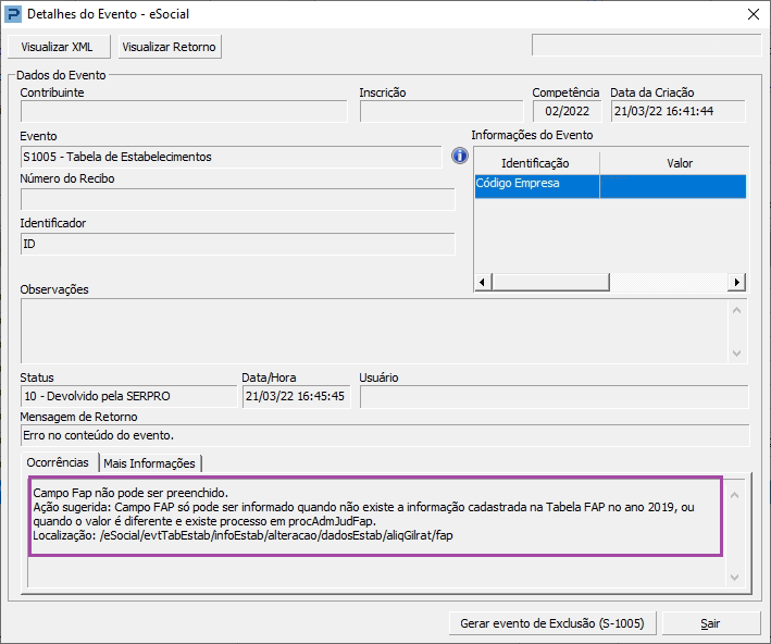 FP2910 - eSocial - Evento S-1005 devolvendo com erro 'Campo Fap não pode ser preenchido ...